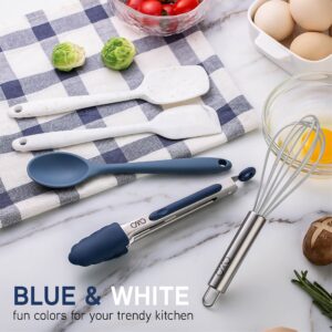 Cook With Color Set of Five MINI Kitchen Utensil Set - Silicone Kitchen Tools, Whisk, Tong, Spatula, Spoonula and Spoon (Blue and White Collection)