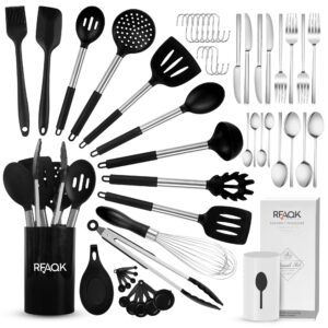 dishwasher safe kitchen utensils set with silverware, rfaqk 50pcs silicone cooking utensils set with holder, nonstick & heat resistant, kitchen gadgets,kitchen essentials for new home