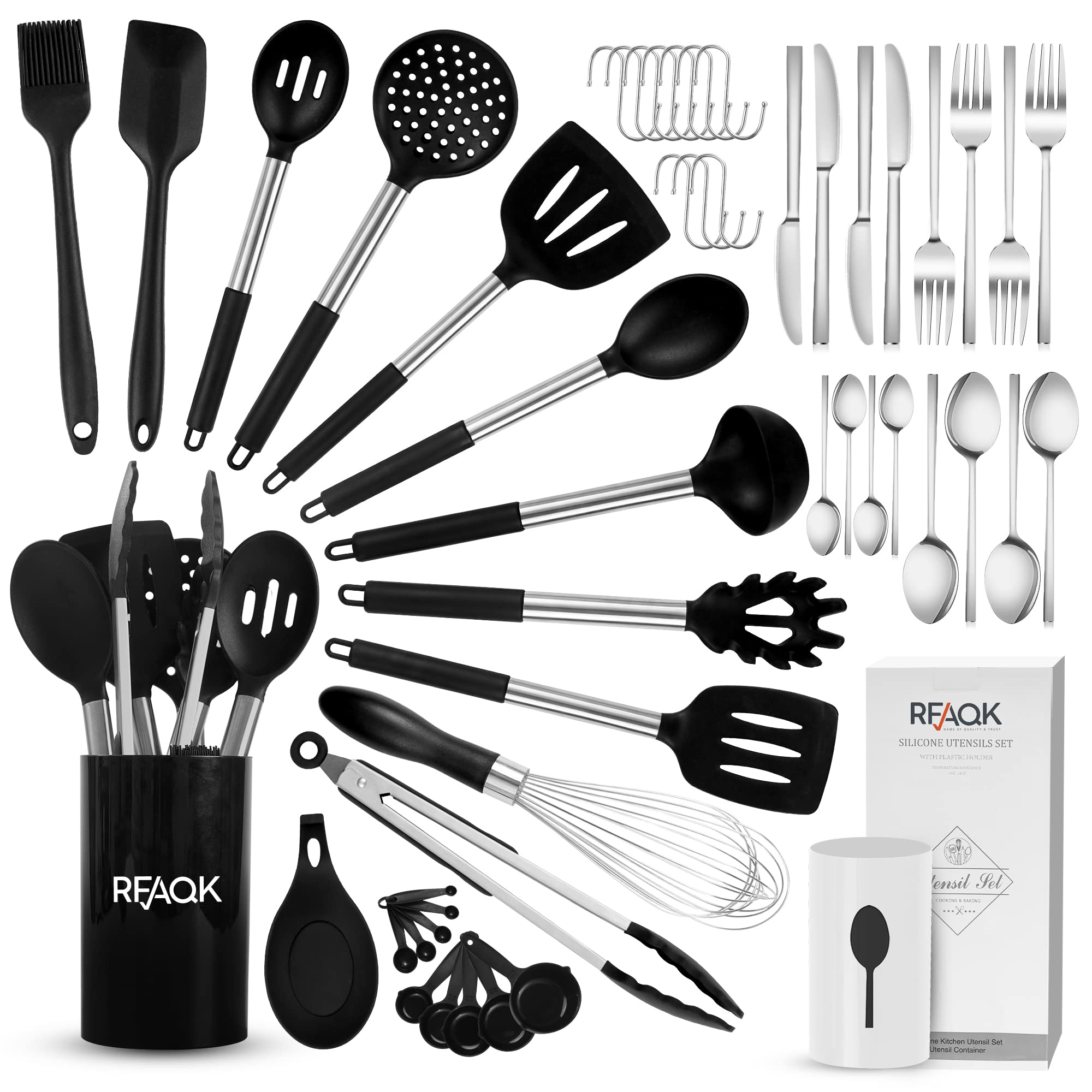 Dishwasher Safe Kitchen Utensils Set with Silverware, RFAQK 50PCs Silicone Cooking Utensils Set With Holder, Nonstick & Heat Resistant, Kitchen Gadgets,Kitchen Essentials for New Home