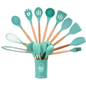 silicone cooking set, 12 pcs kitchen utensils set, wooden handle, bucket storage, high-temperature resistance, scratch-free, cooking spoons for nonstick, best kitchen tools, 1st apartment kitchen