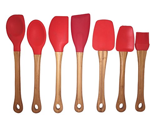 Murphy Bamboo Premium 7 Piece Bamboo & Silicone Kitchen Cooking Utensil Set (Red)