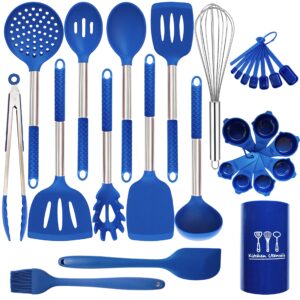 silicone kitchen utensils set - 28 pieces cooking utensils set non-stick heat resistance silicon with stainless steel handle - blue