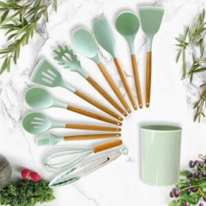 ahason's silicone cooking utensils set, 12 pcs non-stick silicone cooking utensils spatula set with holder, wooden handle heat resistant silicone kitchen gadgets utensil set (mint green)