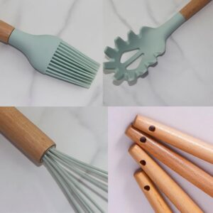 AHASON'S Silicone Cooking Utensils Set, 12 pcs Non-Stick Silicone Cooking Utensils Spatula Set with Holder, Wooden Handle Heat Resistant Silicone Kitchen Gadgets Utensil Set (MINT GREEN)