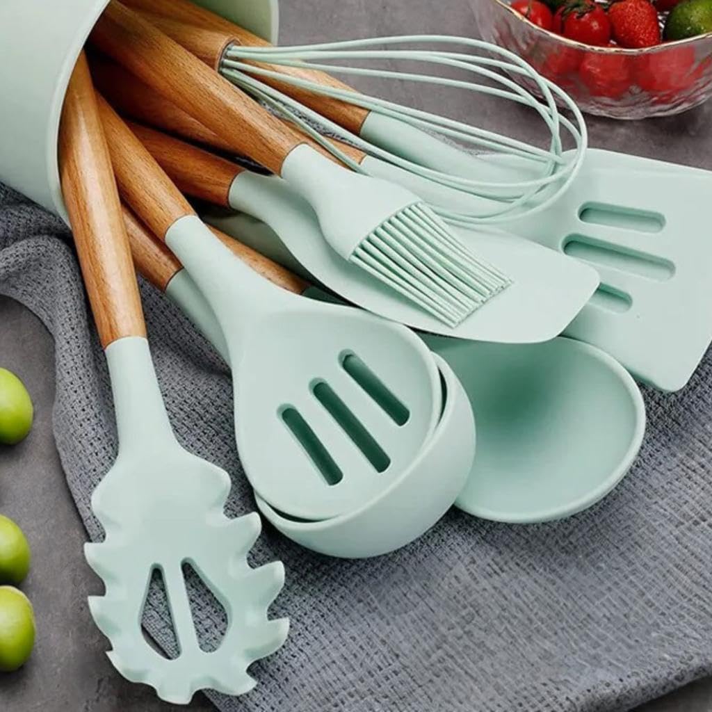 AHASON'S Silicone Cooking Utensils Set, 12 pcs Non-Stick Silicone Cooking Utensils Spatula Set with Holder, Wooden Handle Heat Resistant Silicone Kitchen Gadgets Utensil Set (MINT GREEN)