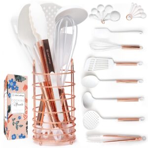 white and copper kitchen utensils - 18 pc copper cooking utensils set includes copper utensil holder, white & copper measuring cups and spoons, rose gold kitchen utensils - copper kitchen accessories