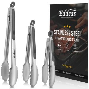 eddeas tongs for cooking - heat resistant 600 degrees stainless steel kitchen tong,heavy duty metal locking tongs - perfect for food, bbq set of 3 (7",9" and 12") grey