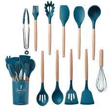 silicone cooking utensils kitchen utensil set, 12 pcs wooden handle nontoxic bpa free silicone spoon spatula turner tongs kitchen gadgets utensil set for nonstick cookware with holder (blue)