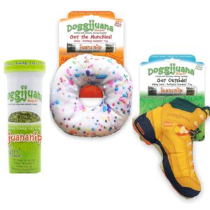 doggijuana get outside hiking boot and get the munchies donut / refillable catnip dog toys / juananip refill bottle / promotes play and helps your dog chill