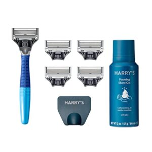 harry's razors for men - men's razor set with 5 razor blade refills, travel blade cover, 2 oz shave gel (ocean blue)