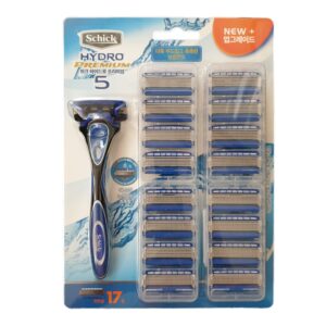 schick newly improved hydro premium 5 men's 5 blade razor set with 1 handle and 17 blades equipped with moisture gel reservoir - 40% decrease of skin irritation - good for wet shaving