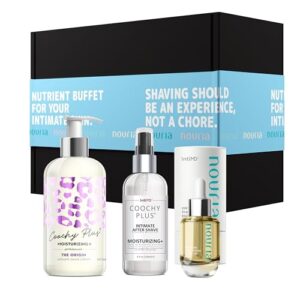 coochy plus hydrolock moisturizing+ 3-steps kit intimate shave gift set: nouria pre-shave elixir oil + coochy plus shave cream the origin + coochy plus after shave protection mist