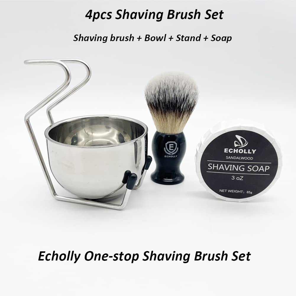 Luxury 4pcs Shaving Brush Kit for Men by Echolly-4 in 1 Shaving Brush Set Mens Shaving Soap Brush Set-Includes Shaving Bowl,Shave Soap,Stand,Shave Brush-Perfect Gifts for Men,Fathers