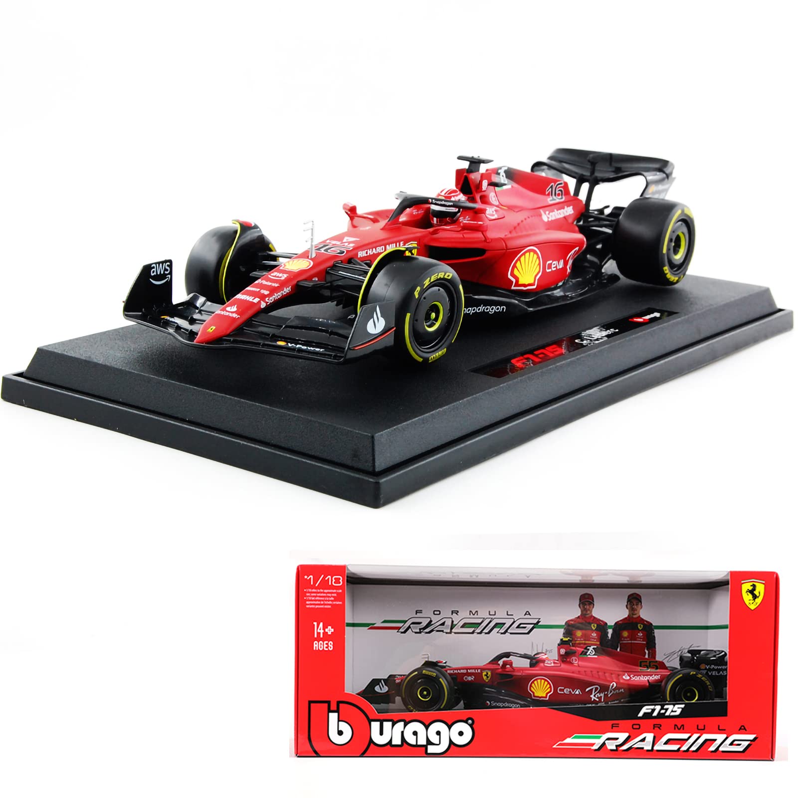 JODIYAAH Bburago 1/18 2022 F1 Scuderia Ferrari F1-75 #16 Charles Leclerc F1-75 #55 Carlos Sainz Alloy Luxury Vehicle Diecast Cars Model Toy Collection Gift (F1-75 #16 Hardcover) (1/18 F1-75 #16)