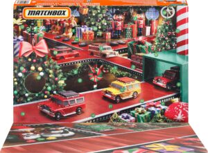 matchbox cars advent calendar, mix of 10 die-cast 1:64 scale toy cars, trucks or buses, 14 accessories & playmat (styles may vary)