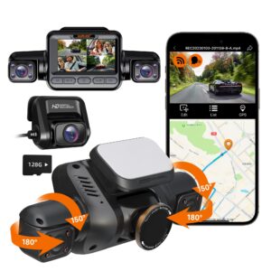 hupejos 360° 4 channel dash cam, 4k front+1080p*2 left right, 3k front +1080px3, built in gps 5ghz wifi, voice control, super night vision, cpl filter, free 128gb card, 24 hours parking mode,v8-plus