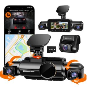 neideso 360° dash cam front, rear and inside, 4 channel 3k+3*1080p, 5ghz wi-fi gps, voice control, 4k+1080p*2 dash camera for cars, cpl filter, free 64gb sd card, night vision, 24h parking mode(n700)