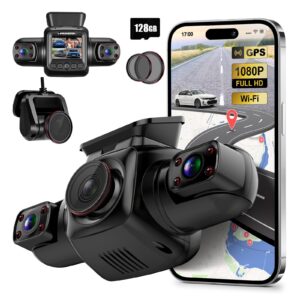 pruveeo dash cam, 4 channel camera fhd 1080px4, front left right and rear, front and rear inside, built-in gps wifi, polarizing lens cpl filter, free 128gb card, double cpl