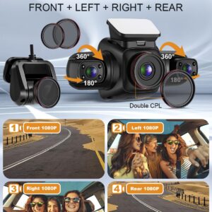 PRUVEEO Dash Cam, 4 Channel Camera FHD 1080Px4, Front Left Right and Rear, Front and Rear Inside, Built-in GPS WiFi, Polarizing Lens CPL Filter, Free 128GB Card, Double CPL