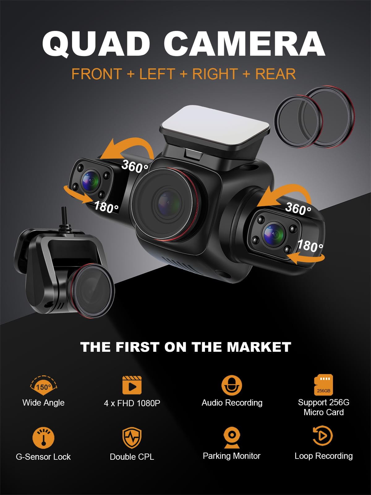 PRUVEEO Dash Cam, 4 Channel Camera FHD 1080Px4, Front Left Right and Rear, Front and Rear Inside, Built-in GPS WiFi, Polarizing Lens CPL Filter, Free 128GB Card, Double CPL