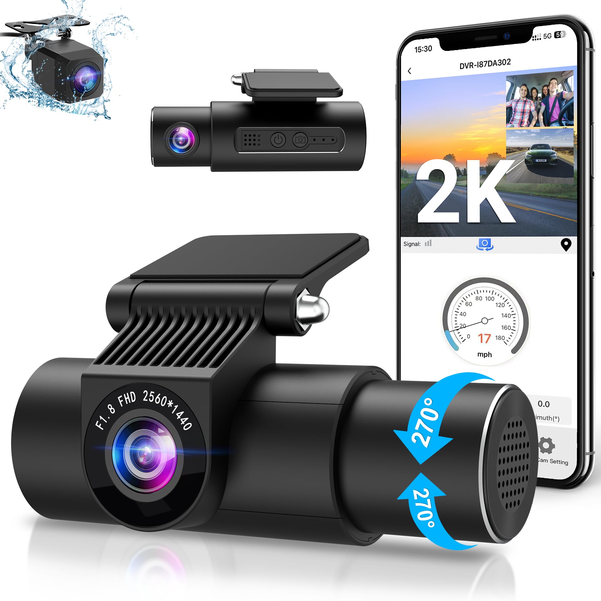 3 Channel 2K Dash Cam, 2K+1080P Dash Camera Front and Rear 360 Dual Dash Cam Built in WiFi 2K+1080P+1080P Three Way Triple Car Camera Night Vision Loop Recording Parking Monitor Support 128GB Max