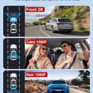 3 Channel 2K Dash Cam, 2K+1080P Dash Camera Front and Rear 360 Dual Dash Cam Built in WiFi 2K+1080P+1080P Three Way Triple Car Camera Night Vision Loop Recording Parking Monitor Support 128GB Max