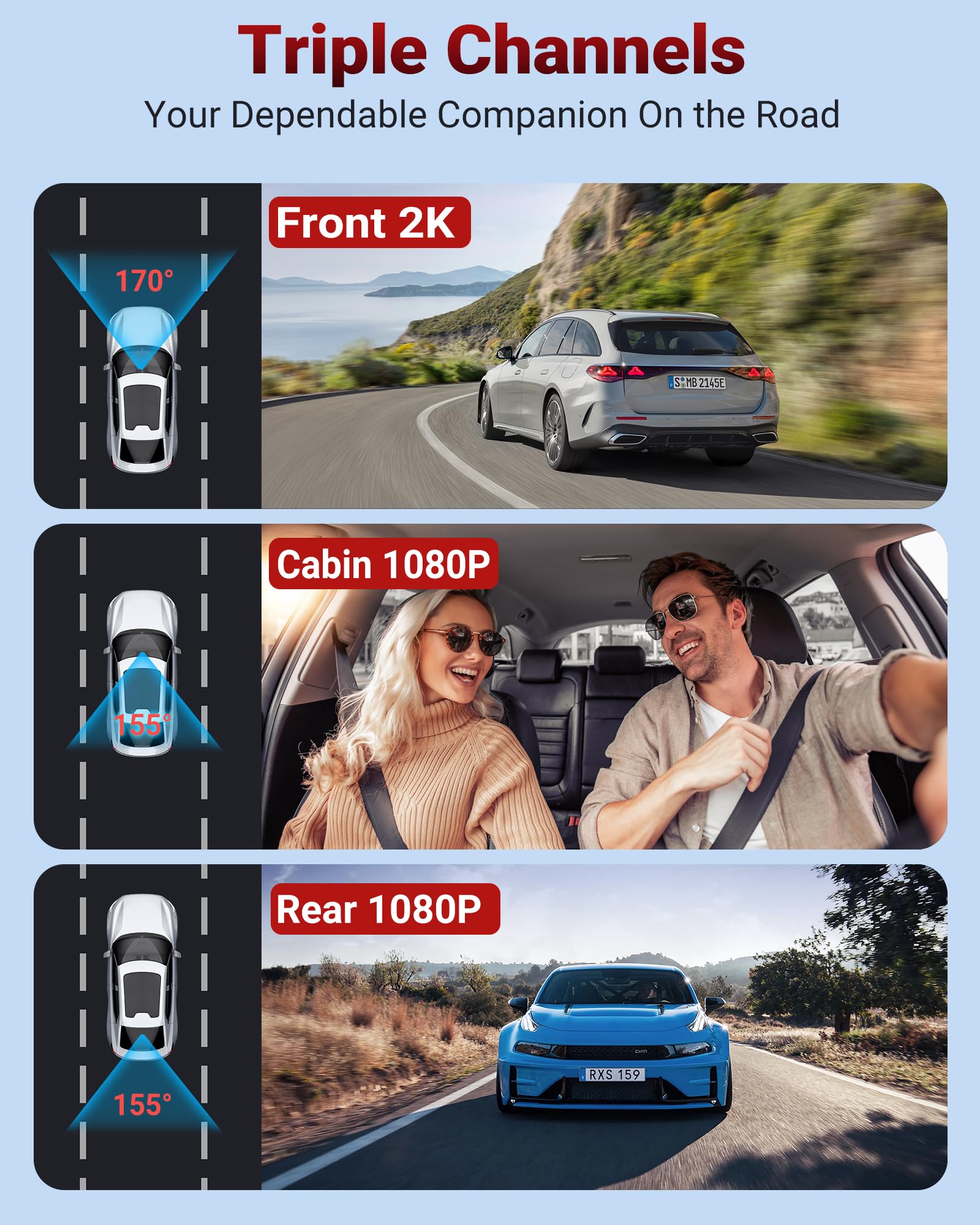 3 Channel 2K Dash Cam, 2K+1080P Dash Camera Front and Rear 360 Dual Dash Cam Built in WiFi 2K+1080P+1080P Three Way Triple Car Camera Night Vision Loop Recording Parking Monitor Support 128GB Max