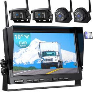 fookoo hd 10" wireless backup camera system, 1080p 10-inch quad split monitor w/recording, waterproof side & rear view cameras, 4 channel, digital signal, parking lines for rv/truck/trailer (dw104)