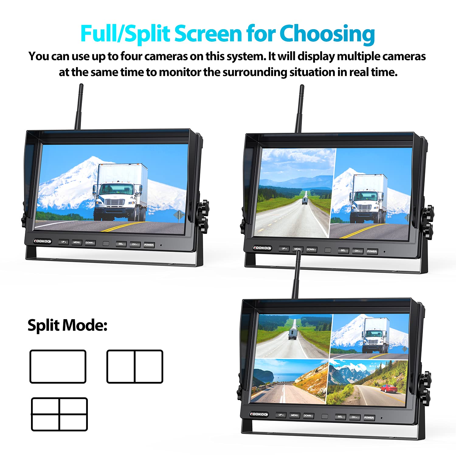 Fookoo HD 10" Wireless Backup Camera System, 1080P 10-inch Quad Split Monitor w/Recording, Waterproof Side & Rear View Cameras, 4 Channel, Digital Signal, Parking Lines for RV/Truck/Trailer (DW104)