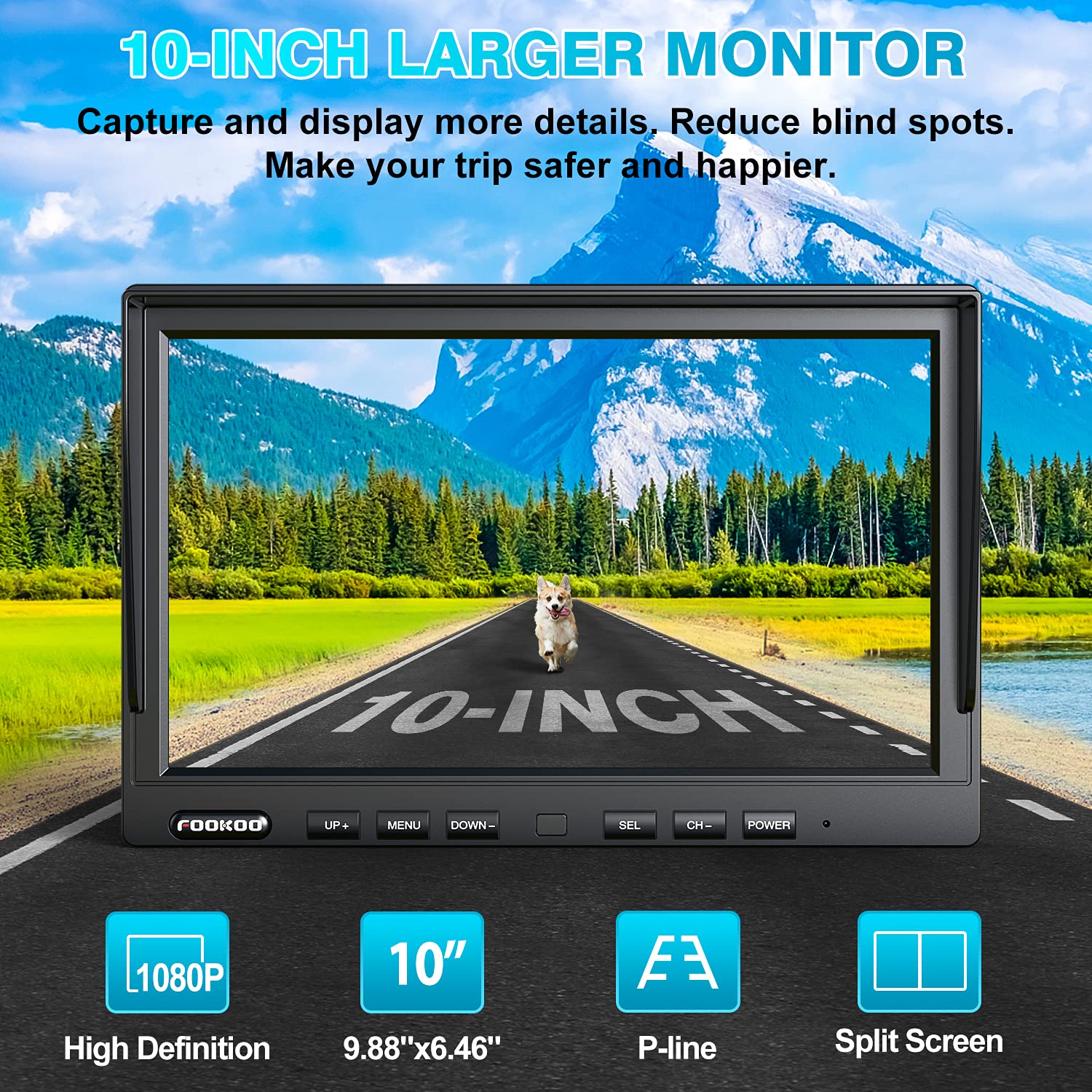 Fookoo HD 10" Wireless Backup Camera System, 1080P 10-inch Quad Split Monitor w/Recording, Waterproof Side & Rear View Cameras, 4 Channel, Digital Signal, Parking Lines for RV/Truck/Trailer (DW104)