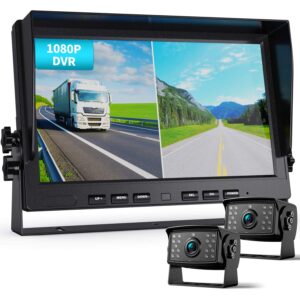 fookoo Ⅱ hd wired backup camera system kit,10 inch dual split screen monitor with recording ip69 waterproof front view rear view cameras parking lines for truck/semi-trailer/box truck/rv(dy102)