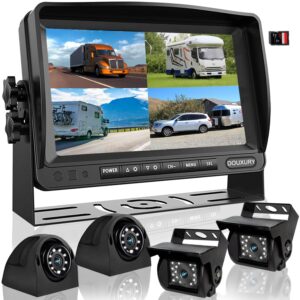 rv backup camera system with 7'' quad split 1080p monitor for truck trailer semi camper bus & 4 ahd rear side view camera with dvr record function ip69 waterproof night vision avoid blind spot douxury