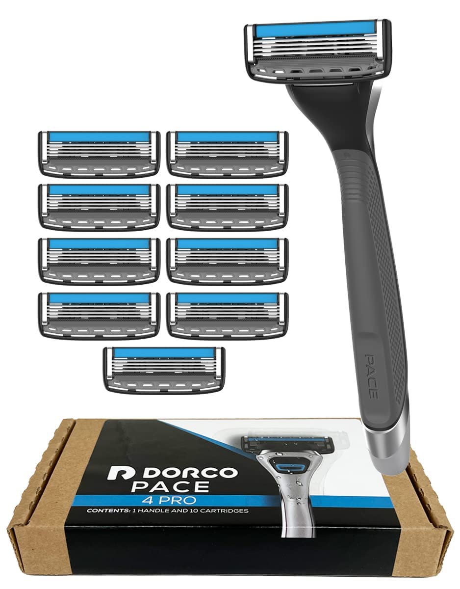 Dorco Pace 4 Pro - Four Blade Razor Shaving System - 10 Pack (10 Cartridges + 1 Handle)