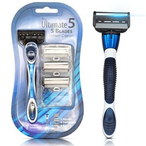 the ultimate 5 razors for men – premium shaving razors for men with 5 razor blades – exfoliating bar and aloe vera infused lubricant – removable face razor head with sharp flexible blades