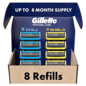 gillette mens razor blade refills, 4 proglide chill cartridges, 4 proglide shield cartridges, shields against skin irritation, cools to sooth skin, 8 count (pack of 1)