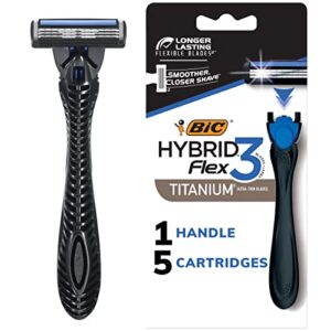 bic flex 3 hybrid disposable razors for men, long-lasting 3-blade razors with slim head for precision shaving, 1 handle and 5 cartridges, 6 piece shaving kit