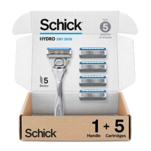 schick hydro dry skin razor, 1 razor handle and 5 cartridges | razors for men, 5 blade razor men, mens razors for shaving, razor blades for men, 1 handle with 5 razor blades refills