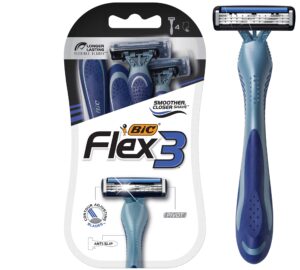 bic flex 3 men’s disposable razors with 3 blades, for a smooth and comfortable shave, 4 piece razor kit for men