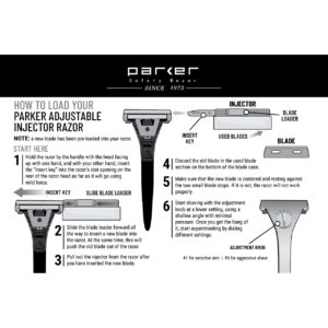 Parker’s Adjustable Injector Razor – Single Edge Adjustable Safety Razor – 20 Parker Injector Razor Blades Included – Customize your shave with a turn of the dial