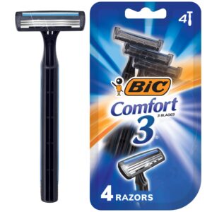 bic comfort 3 disposable razors for men, perfect razors for a smooth and comfortable shave, 4 disposable razors with 3 blades, 4 count shaving kit