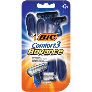 bic comfort 3 advance disposable razors for men for an ultra-soothing, comfortable shave, 4-count packs of disposable razors with 3 blades