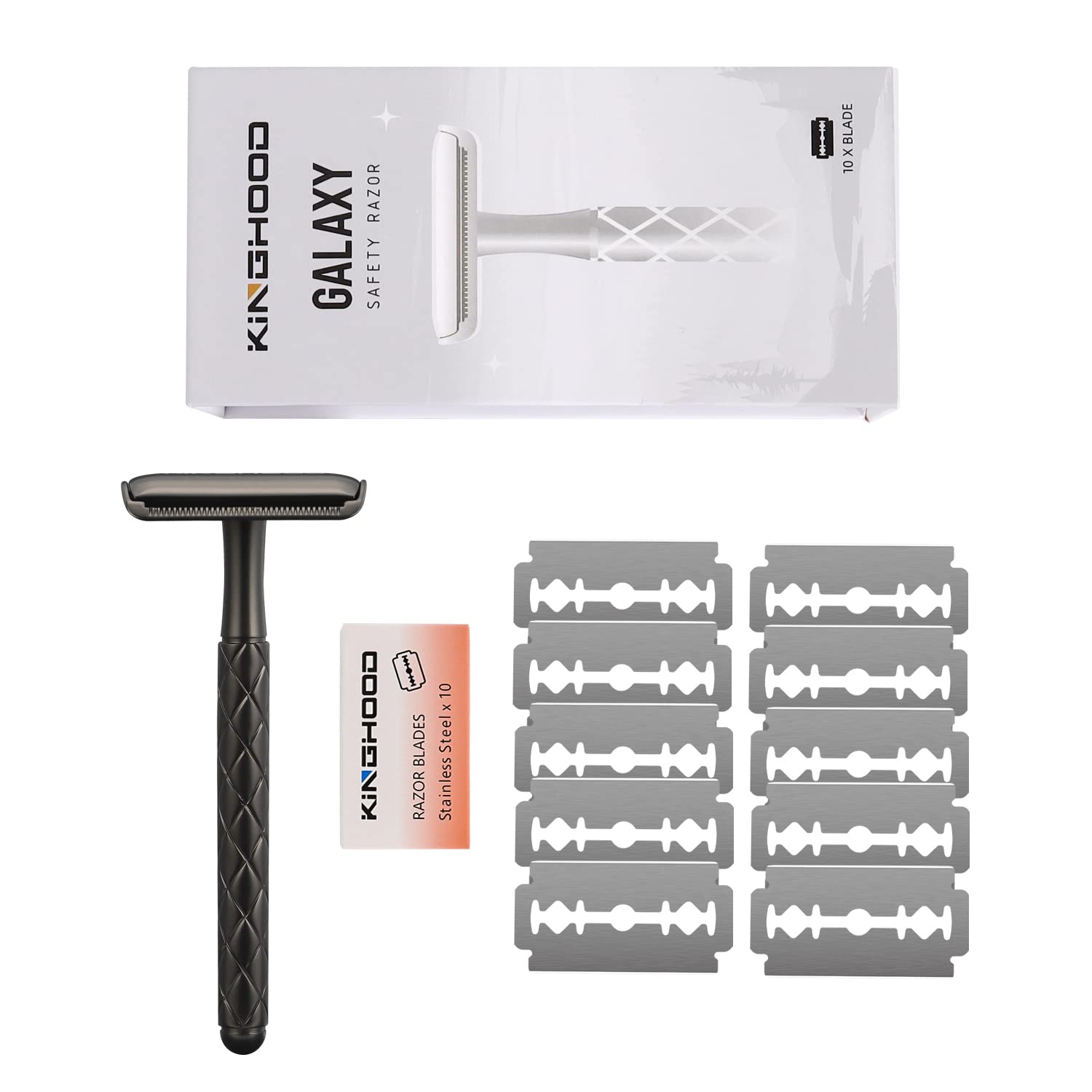 Kinghood Single Blade Safety Razor - Metal One Blade Razor for Men & Women with 10 Stainless Steel Double Edge Blades (Black)