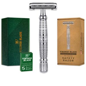 vikings blade double edge safety razor for men + 5 swedish steel blades + luxury case. long handle. smooth, reusable, eco-friendly (the vulcan)