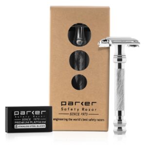 parker 99r chrome long handle heavyweight butterfly open double edge safety razor for men, 5 parker premium platinum double edge razor blades included