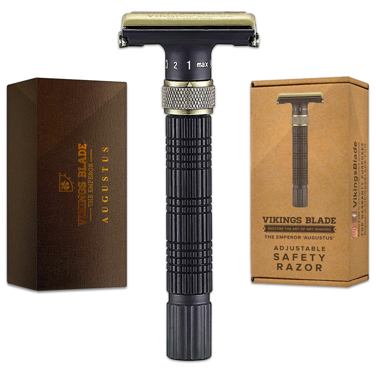 VIKINGS BLADE Adjustable Double Edge Safety Razor + Luxury Case. Smooth, Reusable, Eco-Friendly (The Emperor “Augustus”)