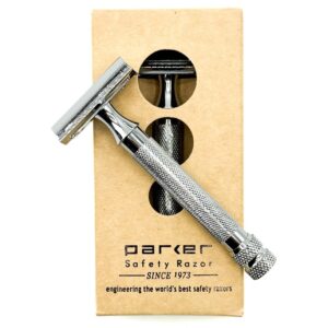 parker 91r double edge safety razor – three-piece heavyweight safety razor with brass frame & chrome plated knurled handle –5 premium parker platinum double edge razor blades included