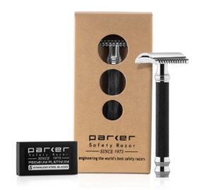 parker deluxe open comb double edge safety razor, electroplated brass handle, 5 blade refills included (26c - graphite gray)