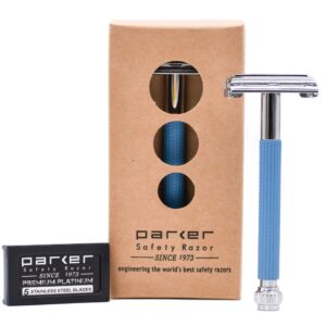 parker 29l blue, long handle butterfly open double edge safety razor for men & women, 5 parker premium platinum double edge razor blades included