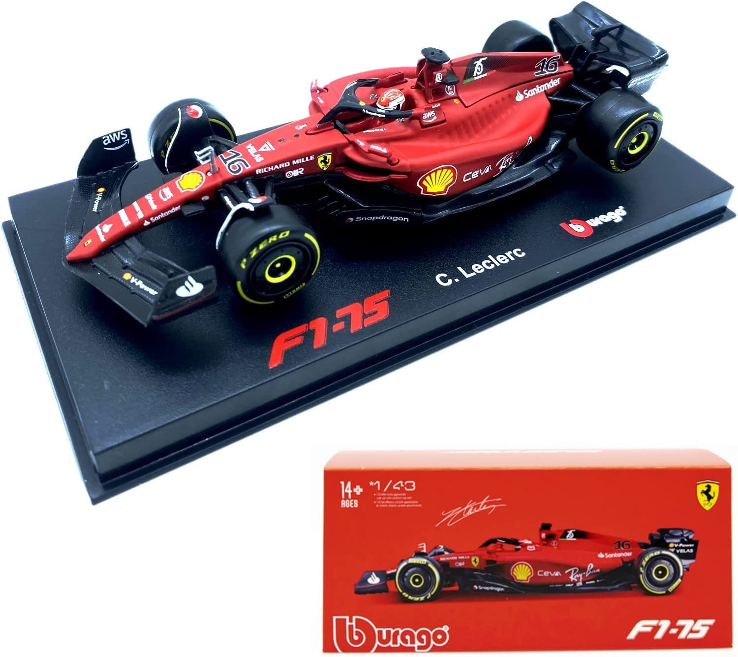 HTLNUZD Bburago 1:43 2022 Latest F1-75 Racing #16 Charles Leclerc 1/43 F1-75#16 Formula One Alloy Super Static Die Cast Vehicles Collectible Car Model Collection Toys Gifts