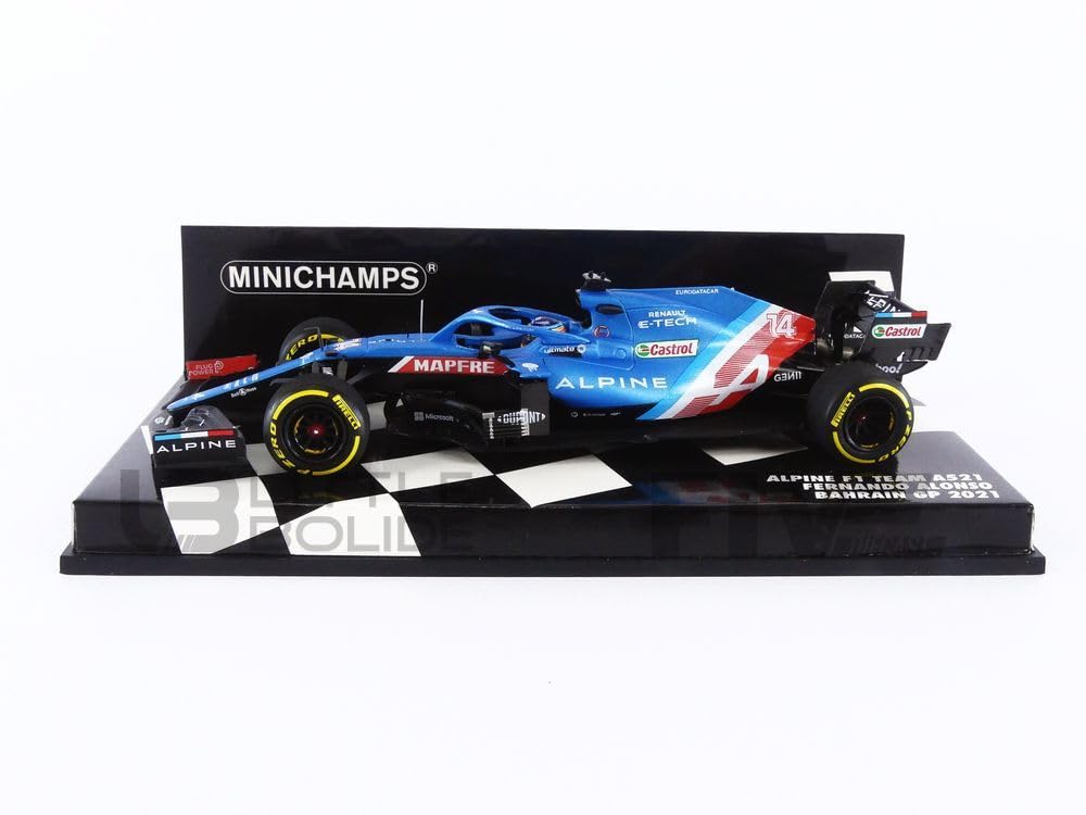 Minichamps 417210114 1:43 Alpine F1 Team A521-Fernando Alonso-Bahrain GP 2021 Collectible Miniature Car, Multicoloured, Blue/Red/Black